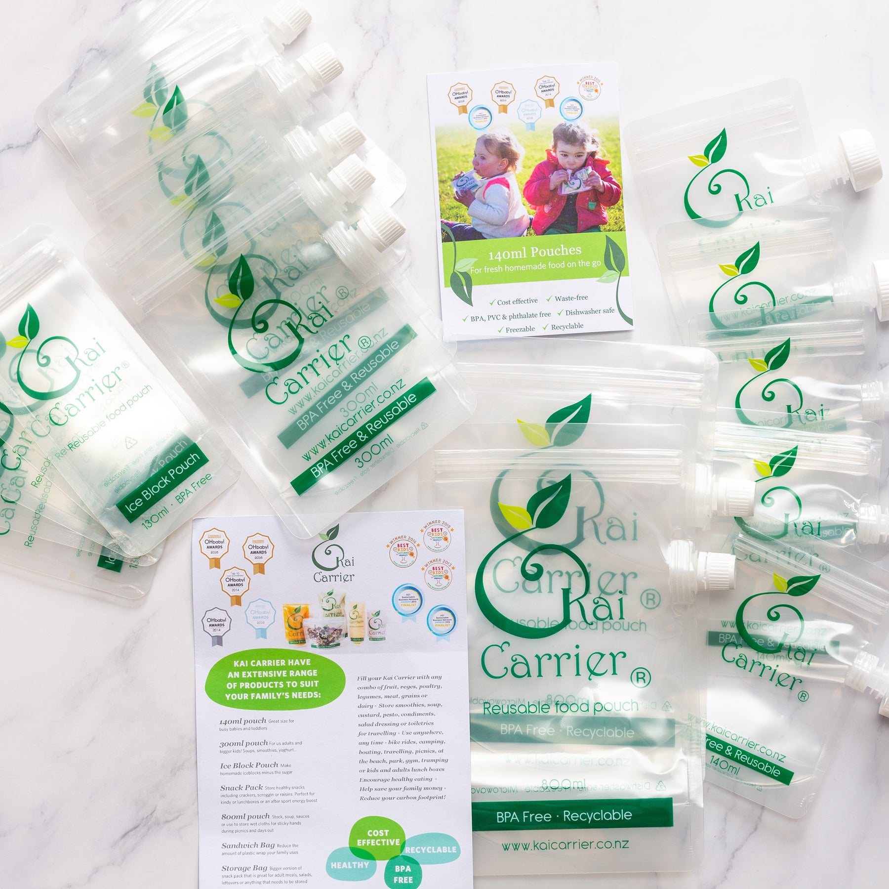 Kai Carriers Reusable Food Storage Packs. Recyclable, BPA, PVC Free